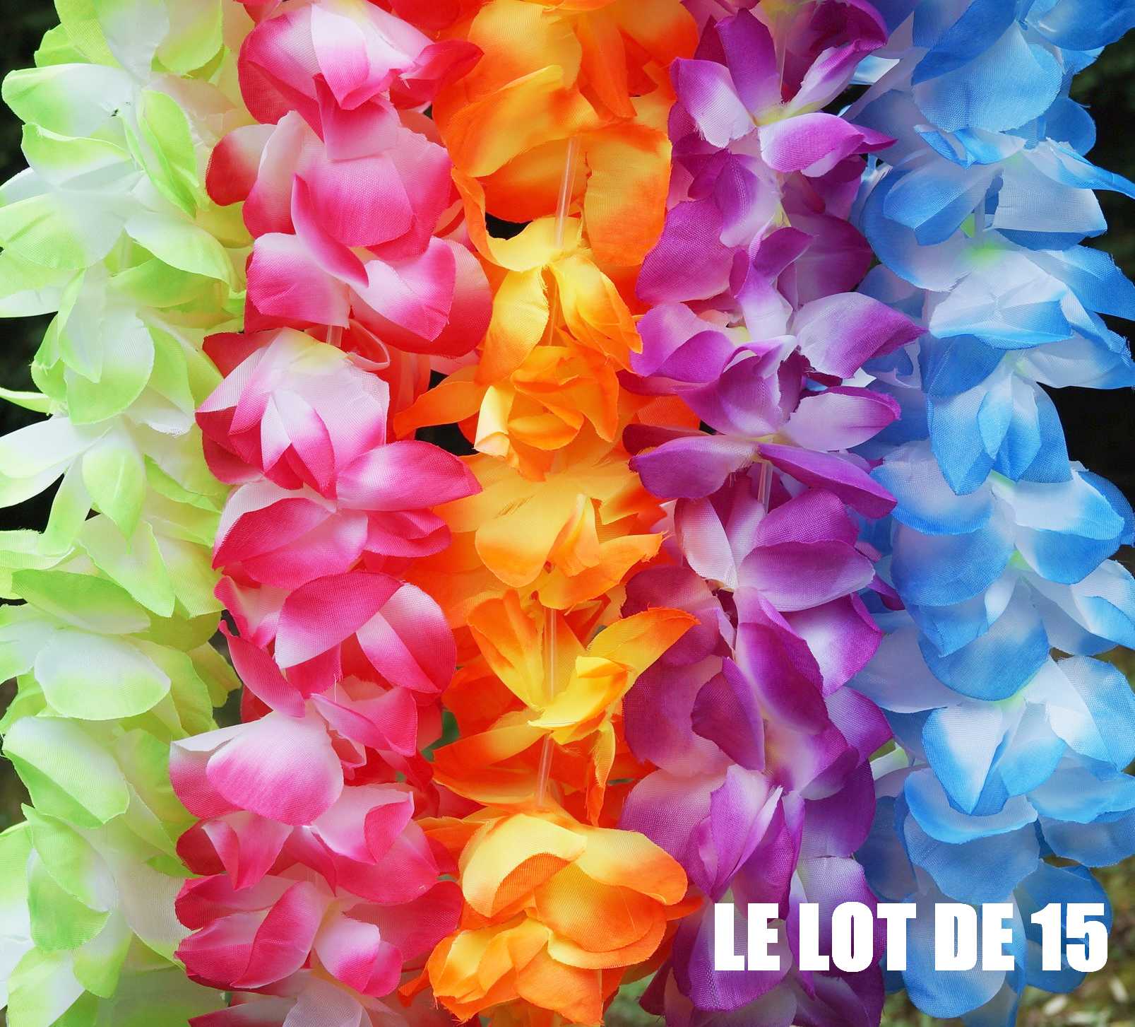 Lot de 15 colliers de fleurs tahitien rose, mauve, vert, orange et bleu ...